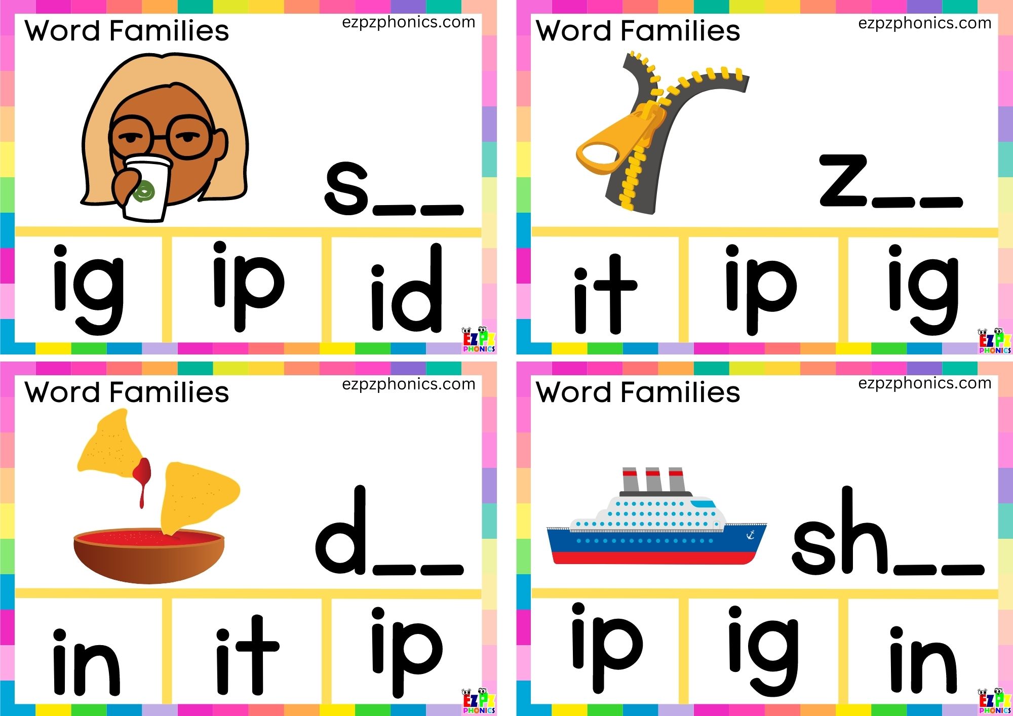 Word Family ip Finish the word and clip the correct letters group 2 - ezpzphonics.com